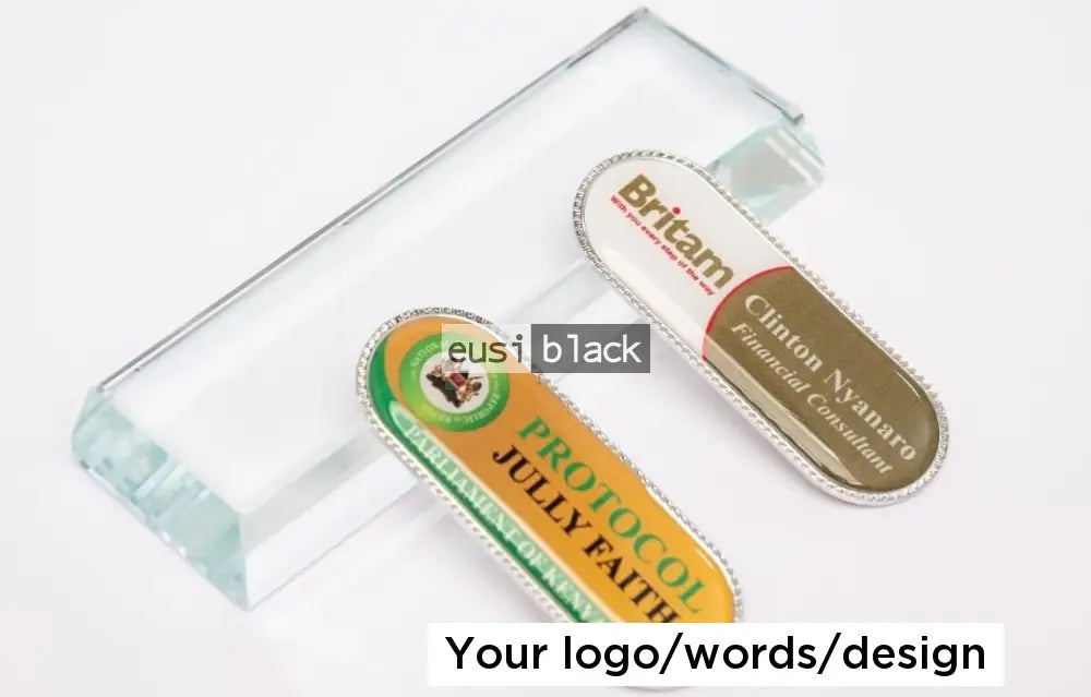Round rectangle metallic name tag sold and customized by Eusi Black ...